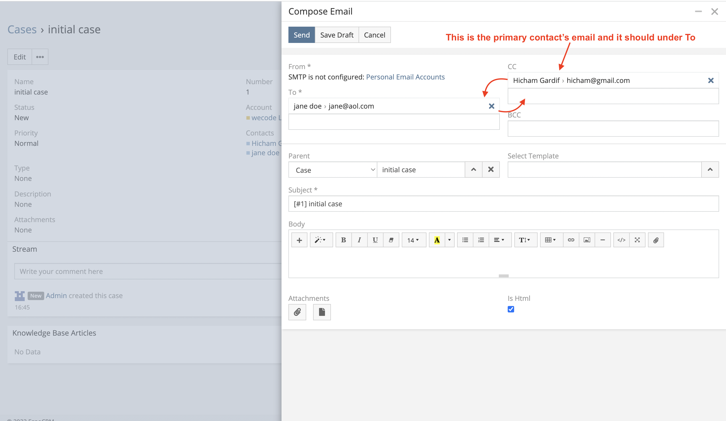 When sending email from case - email is sent to secondary contact and CC primary contact · Issue ...