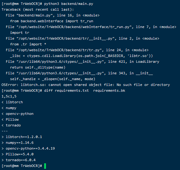 CentOS8下安装，需要修改requirments.txt，取消指定的版本号 · Issue #3 · alisen39/TrWebOCR · GitHub