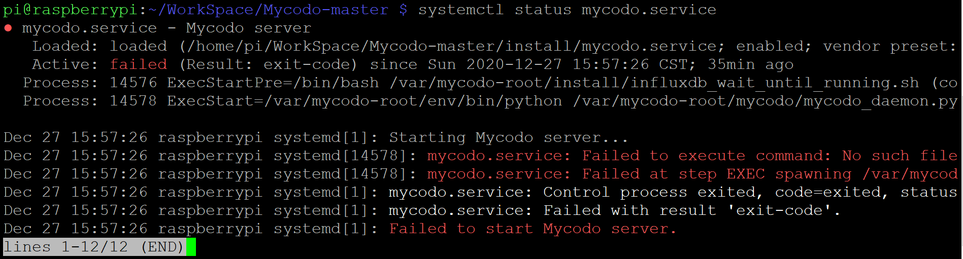 Job for mycodo.service failed because the control process exited with error code. · Issue #914 ...