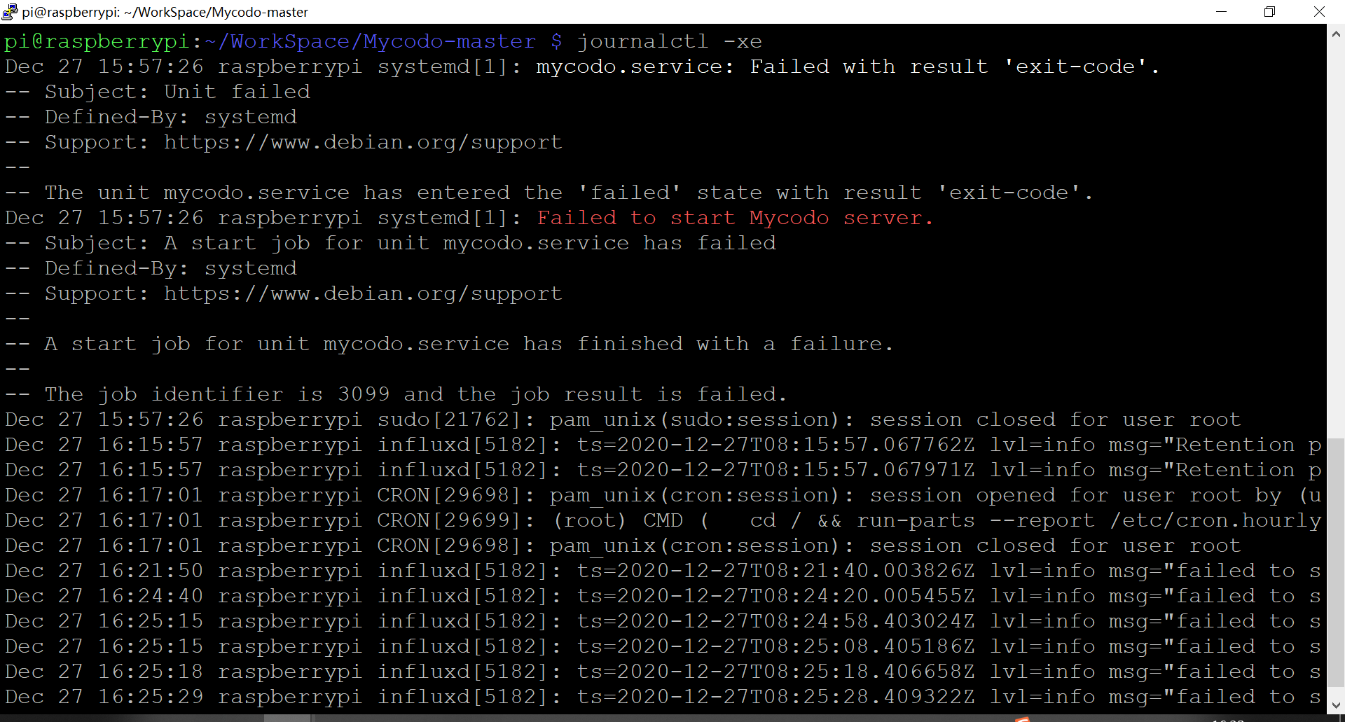 Job for mycodo.service failed because the control process exited with error code. · Issue #914 ...