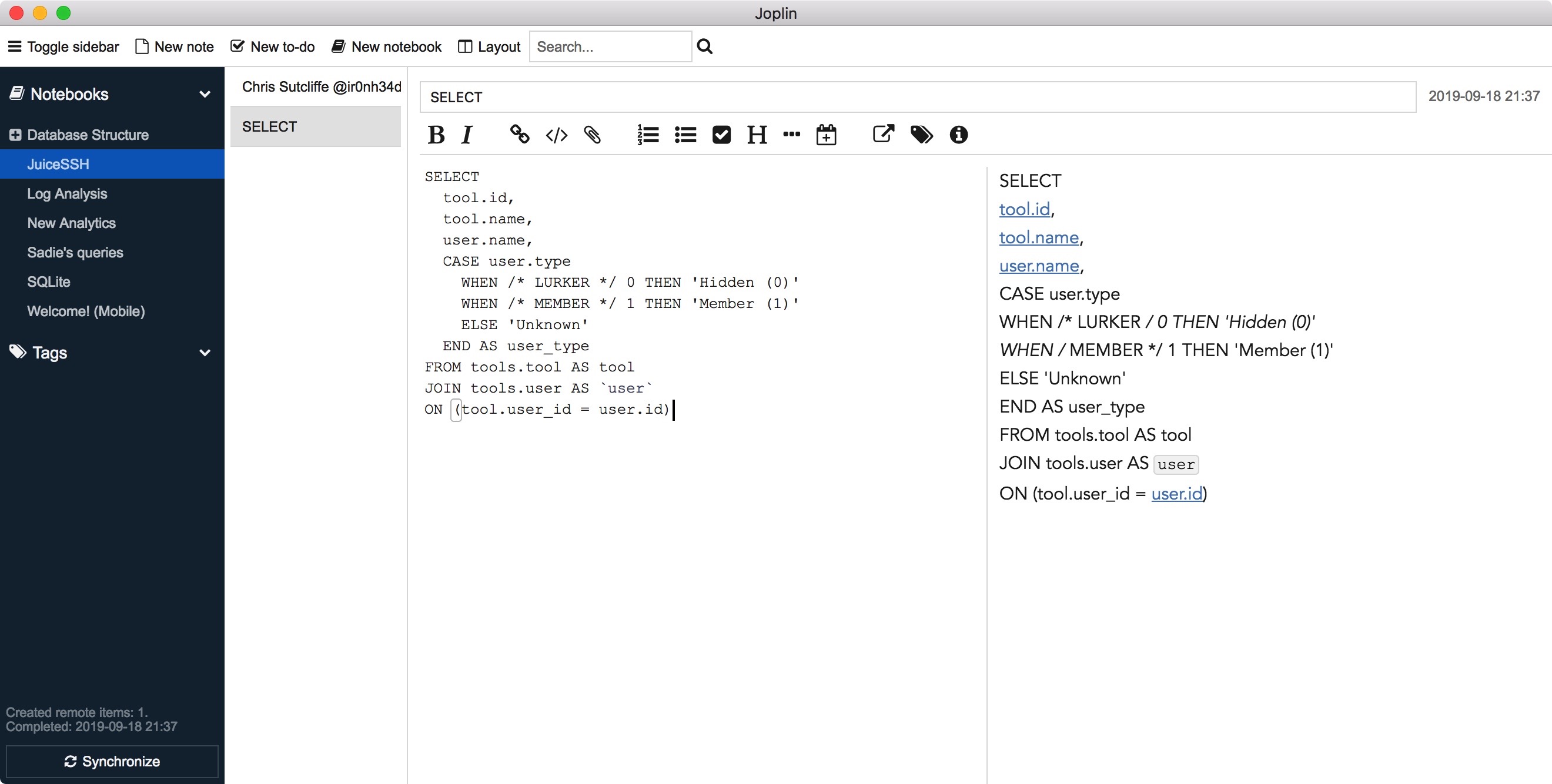 Problem with using Joplin as a SQL code "cheatsheet" · Issue #1882 · laurent22/joplin · GitHub