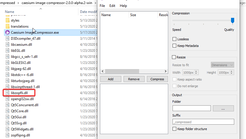 crash on startup - libzopfli.dll missing · Issue #25 · Lymphatus/caesium-image-compressor · GitHub