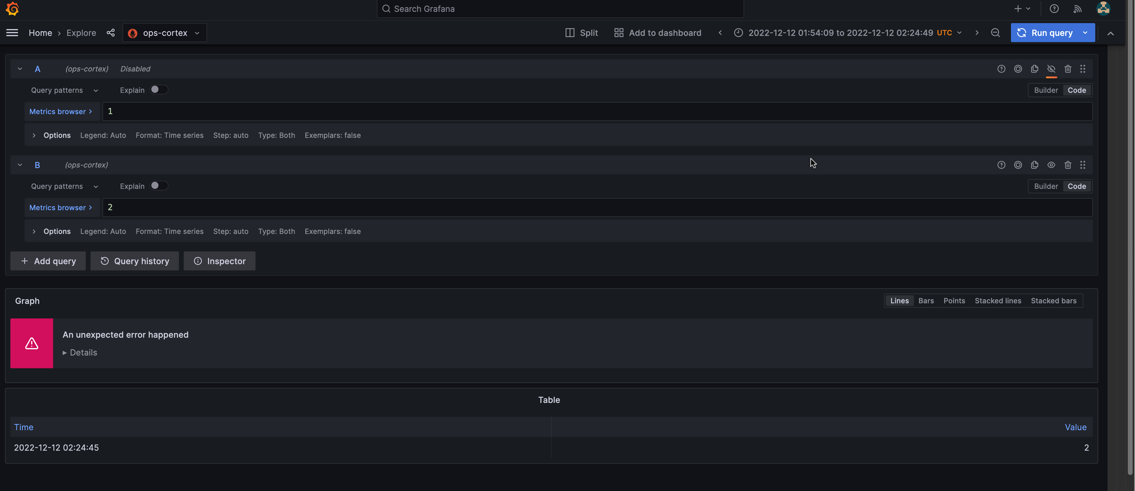 Explore Chart Throws An Exception When The A Query In A Set Is Hidden · Issue 60138 · Grafana