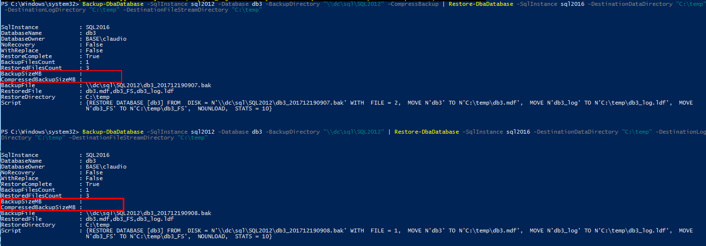 Backup-DbaDatabase | Restore-DbaDatabase - BackupSizeMB & CompressedBackupSizeMB Without value ...