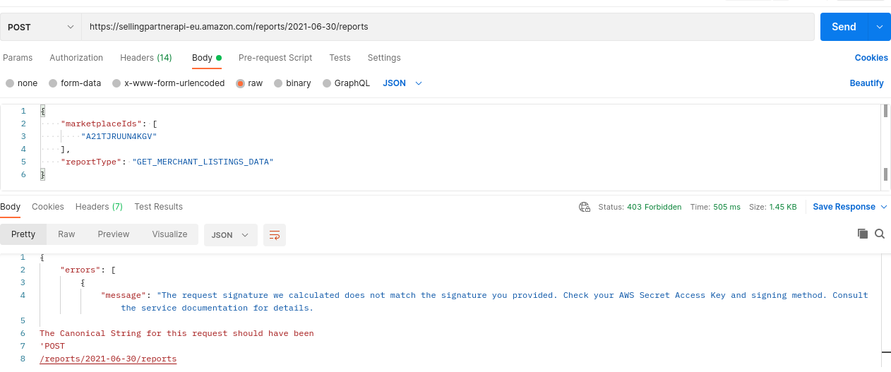 InvalidSignature issue for POST SP-API requests (create Report API) · Issue #1912 · amzn/selling ...