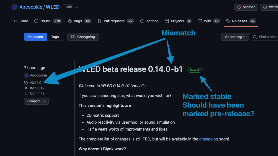 WLED 0.14.0-b1 marked as stable and mistagged? · Issue #2968 · wled/WLED · GitHub