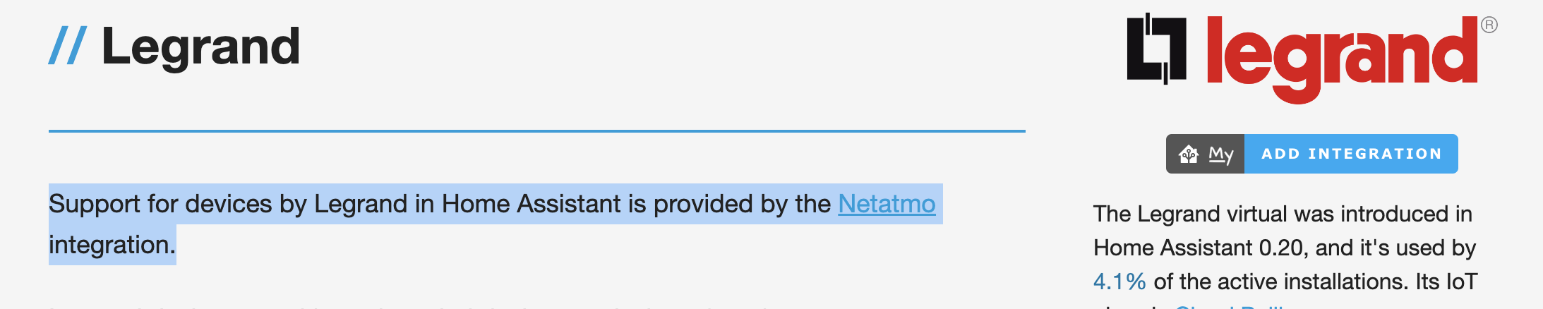 The LeGrand page shows the Netatmo logo and some links on the right sidebar point to the netatmo ...