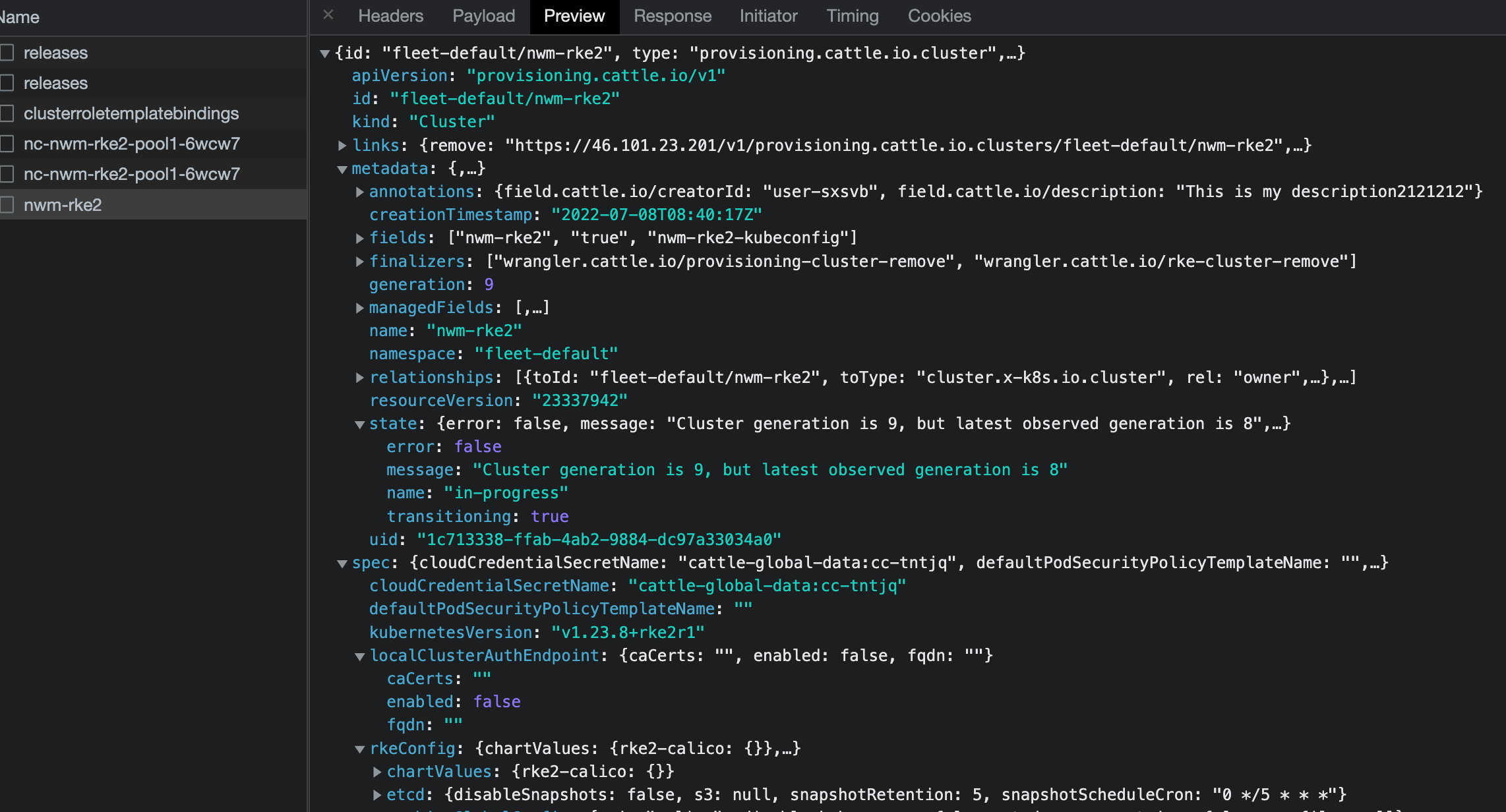 RKE2 cluster returns an unexpected message in UI while updating `Cluster generation is N, but ...