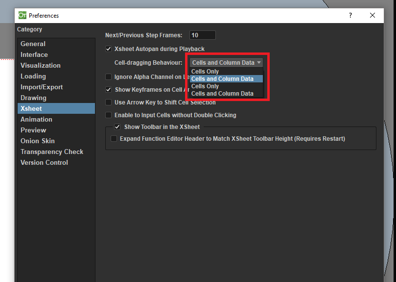 Option in prefs Doubled for Cell-Dragging Behaviour · Issue #1276 · opentoonz/opentoonz · GitHub