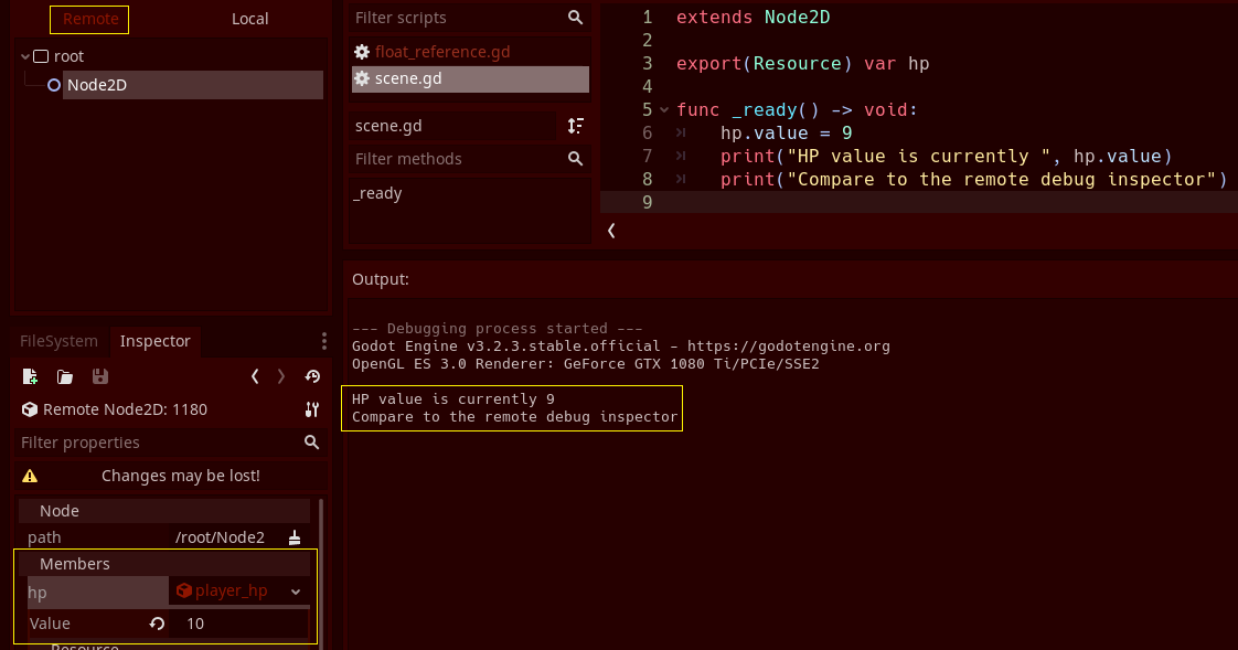 Resource values do not update in inspector with remote scene dock ...