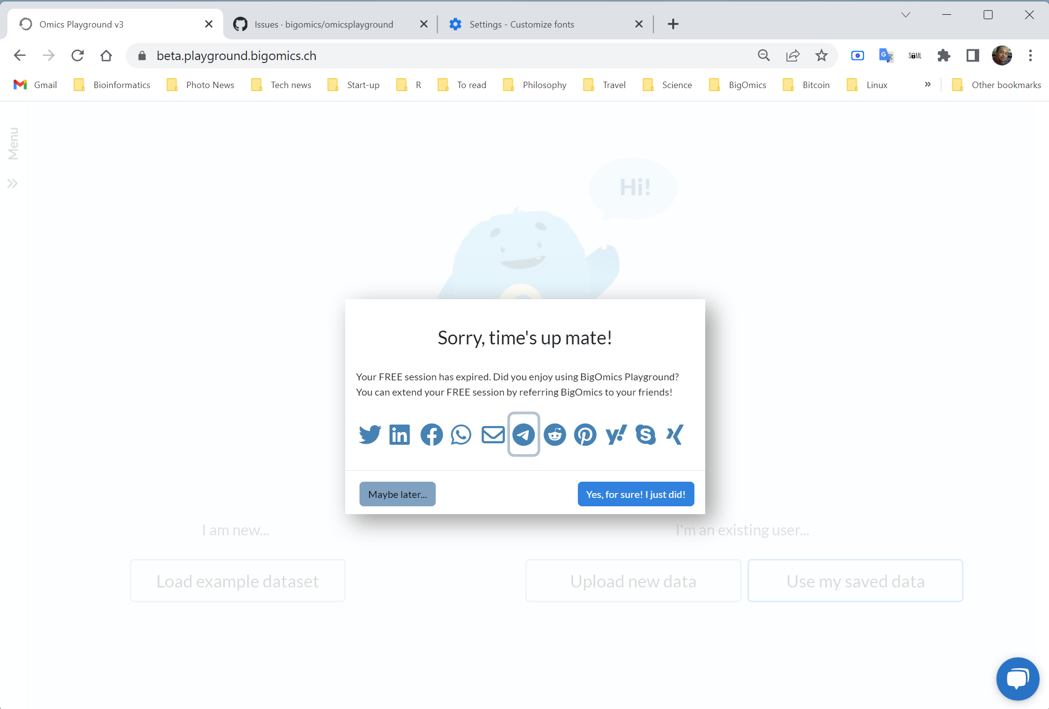 social buttons do not work at time out modal · Issue #304 · bigomics/omicsplayground · GitHub