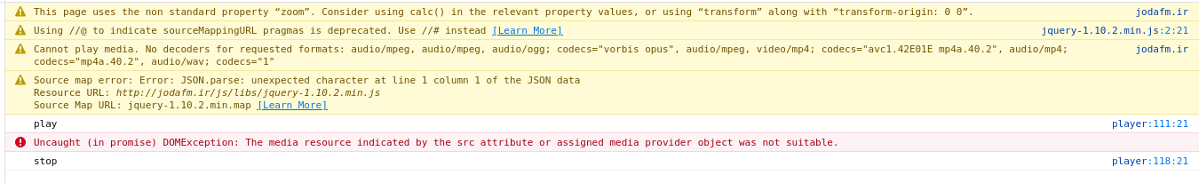Uncaught (in promise) DOMException: The media resource indicated by the ...