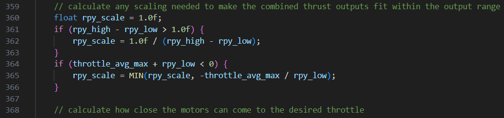 There may be a bug in void AP_MotorsMatrix::output_armed_stabilizing ...