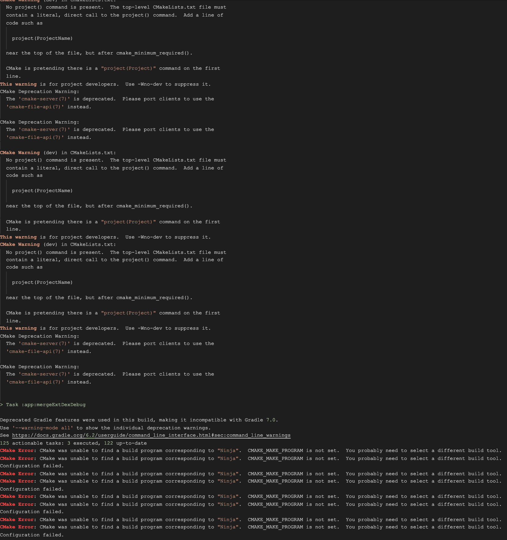 CMake Deprecation Warning:The 'cmake-server(7)' is deprecated. Please port clients to use the ...