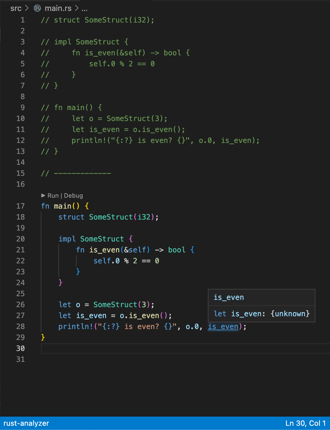 Implementation Method Of Struct Inside Function Scope Breaks Code Analyze · Issue 10676 · Rust
