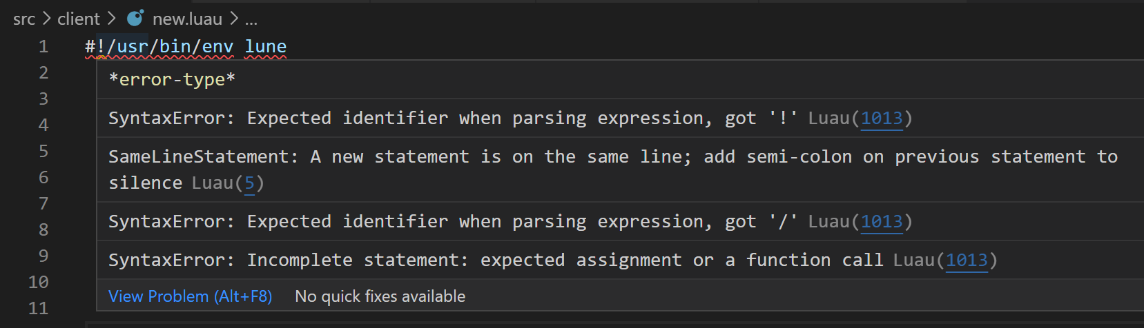 Treat shebang as whitespace trivia · Issue #898 · luau-lang/luau · GitHub