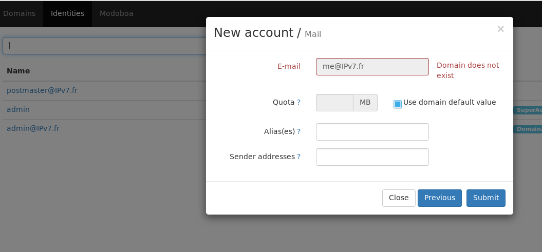 got "Domain does not exist" when I try to create a new user · Issue #1570 · modoboa/modoboa · GitHub