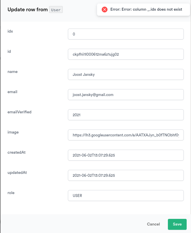 Edit row not possible due to spurious table field "idx" · Issue #1939 · supabase/supabase · GitHub