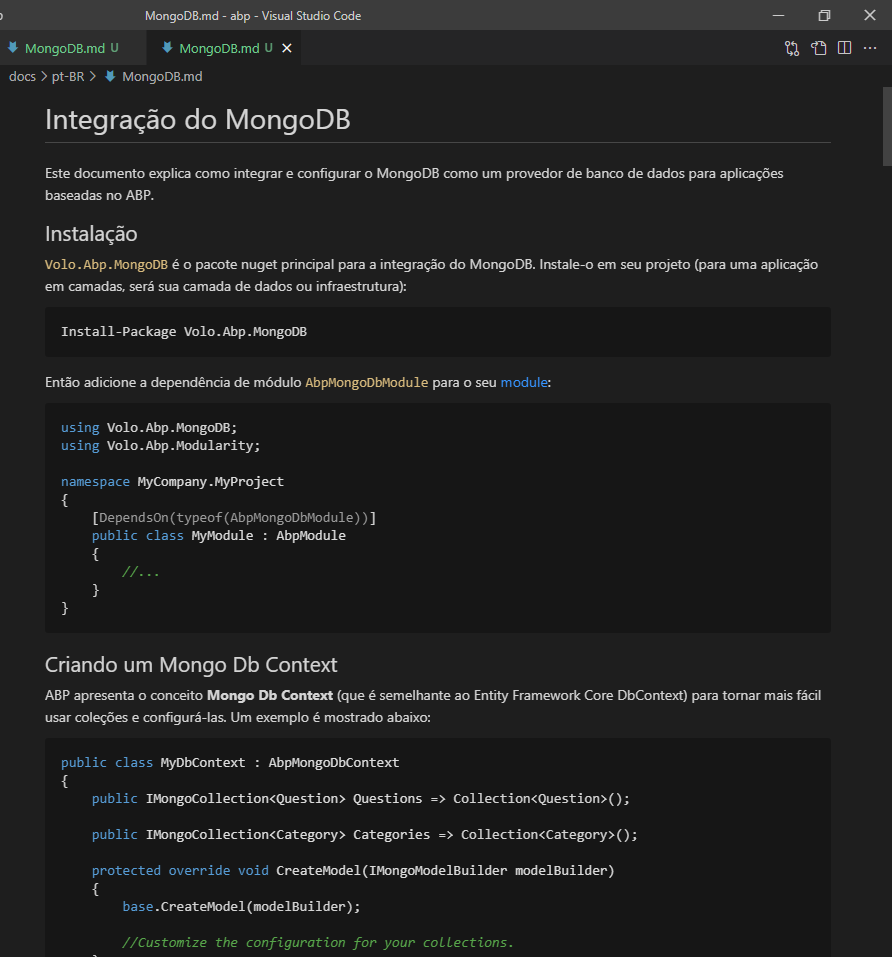 [Document Translation] MongoDb Integration - Portuguese · Issue #9436 · abpframework/abp · GitHub