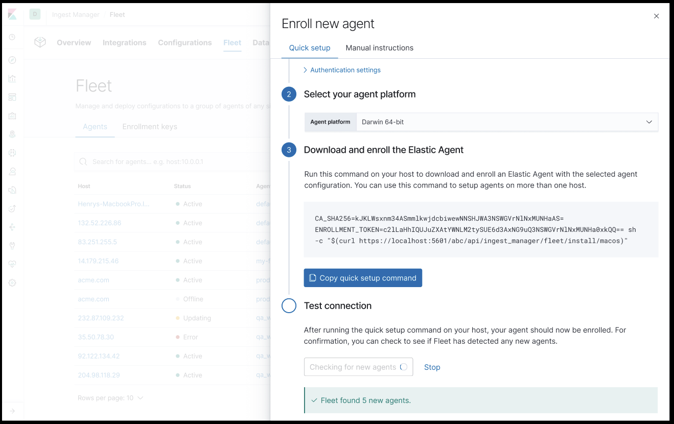 [Ingest Manager] Update enroll agents flyout with quick setup & manual instructions tabs · Issue ...