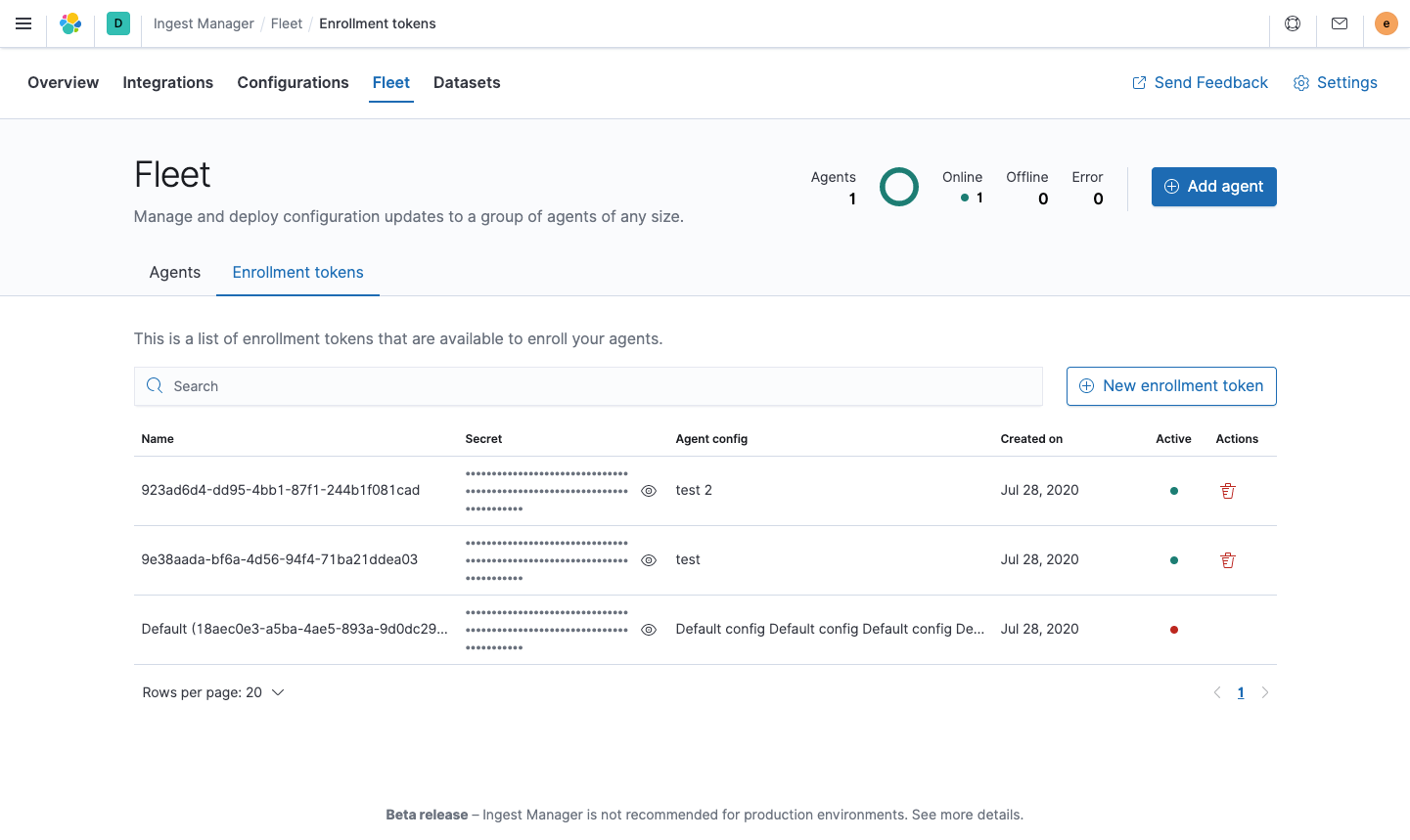 [Ingest Manager] Enroll agent flyout displays inactive enrollment keys · Issue #73529 · elastic ...