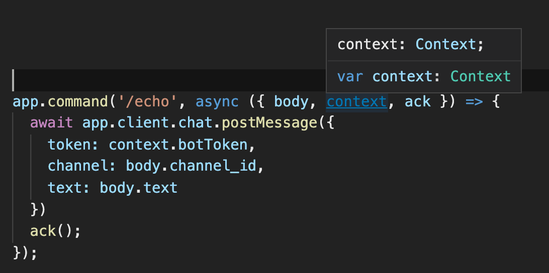 Missing `context` in `SlackCommandMiddlewareArgs` type · Issue #402 · slackapi/bolt-js · GitHub