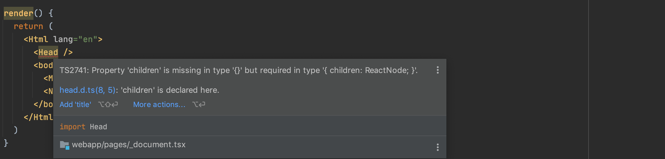 Property 'children' is missing in type '{}' but required in type '{ children: ReactNode ...