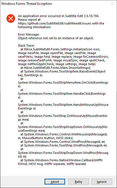 Error (not sure how to reproduce) · Issue #4580 · SubtitleEdit/subtitleedit · GitHub