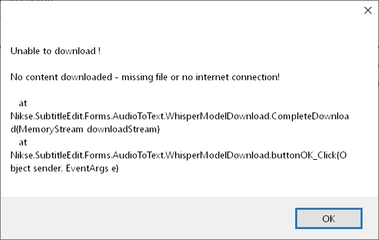 Whisper - error on attempting to download model · Issue #6452 · SubtitleEdit/subtitleedit · GitHub
