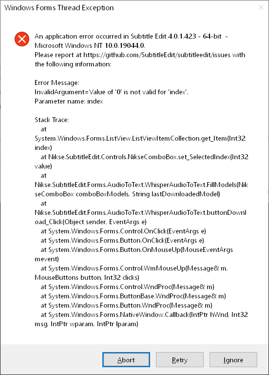 Error After Downloading Faster Whisper Model · Issue 7617 · Subtitleedit Subtitleedit · Github