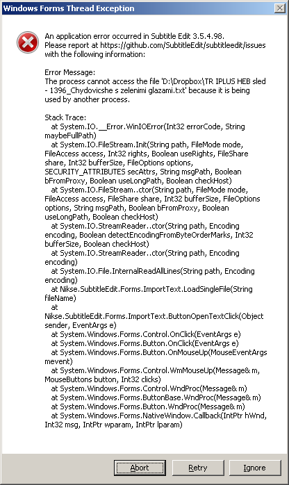 Opening a file with "import plain text" while it's locked by a different program causes an error ...