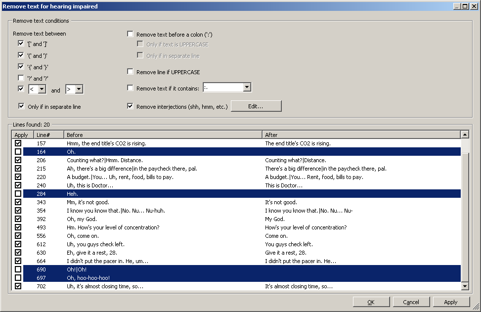 Remove text for HI feature request: "only if in separate line" function ...