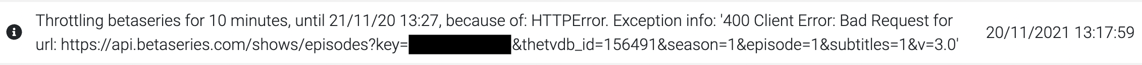 Betaseries provider error: "HTTPError. Exception info: '400 Client Error: Bad Request" · Issue ...