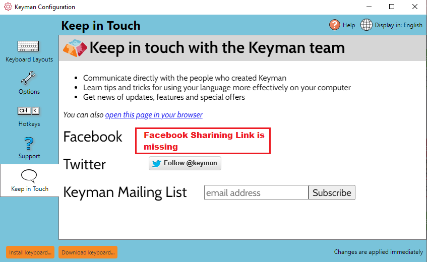 bug(windows): Facebook sharing link is missing in the Keyman Configuration dialog / Keep in ...