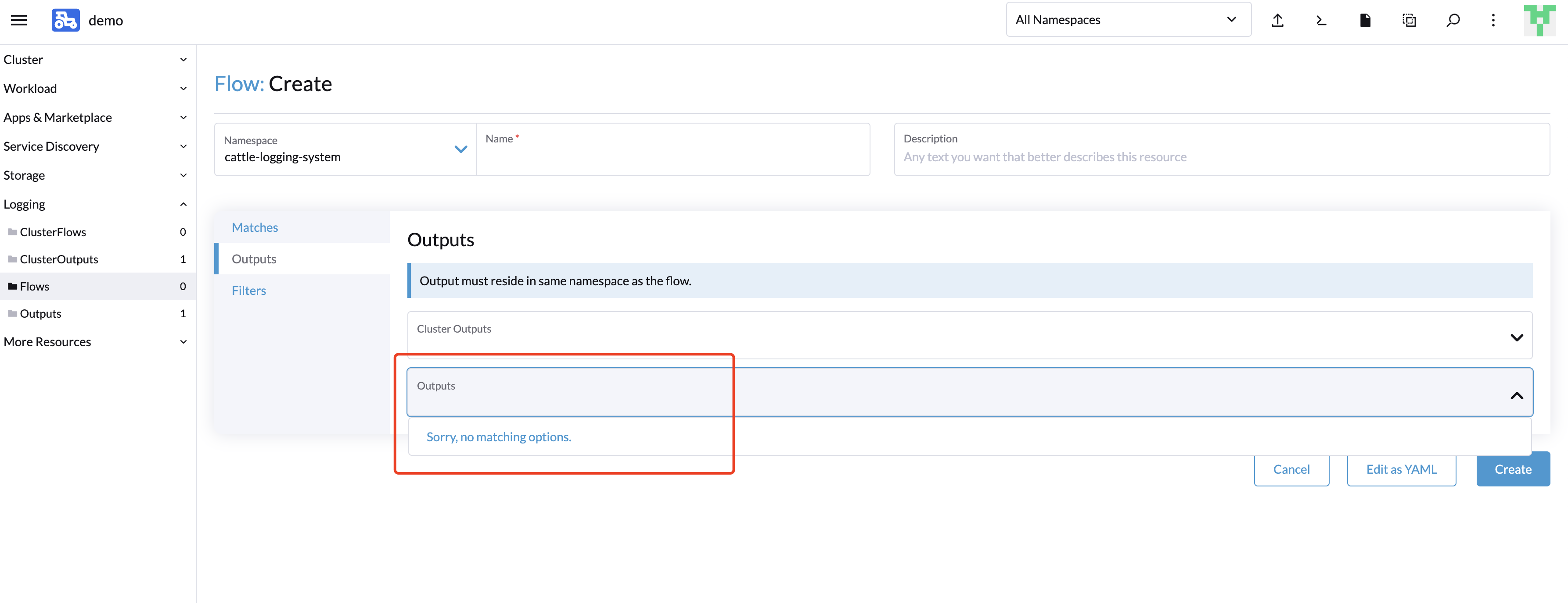 Rancher logging cannot match `Outputs` in the same namespace · Issue #5867 · rancher/dashboard ...