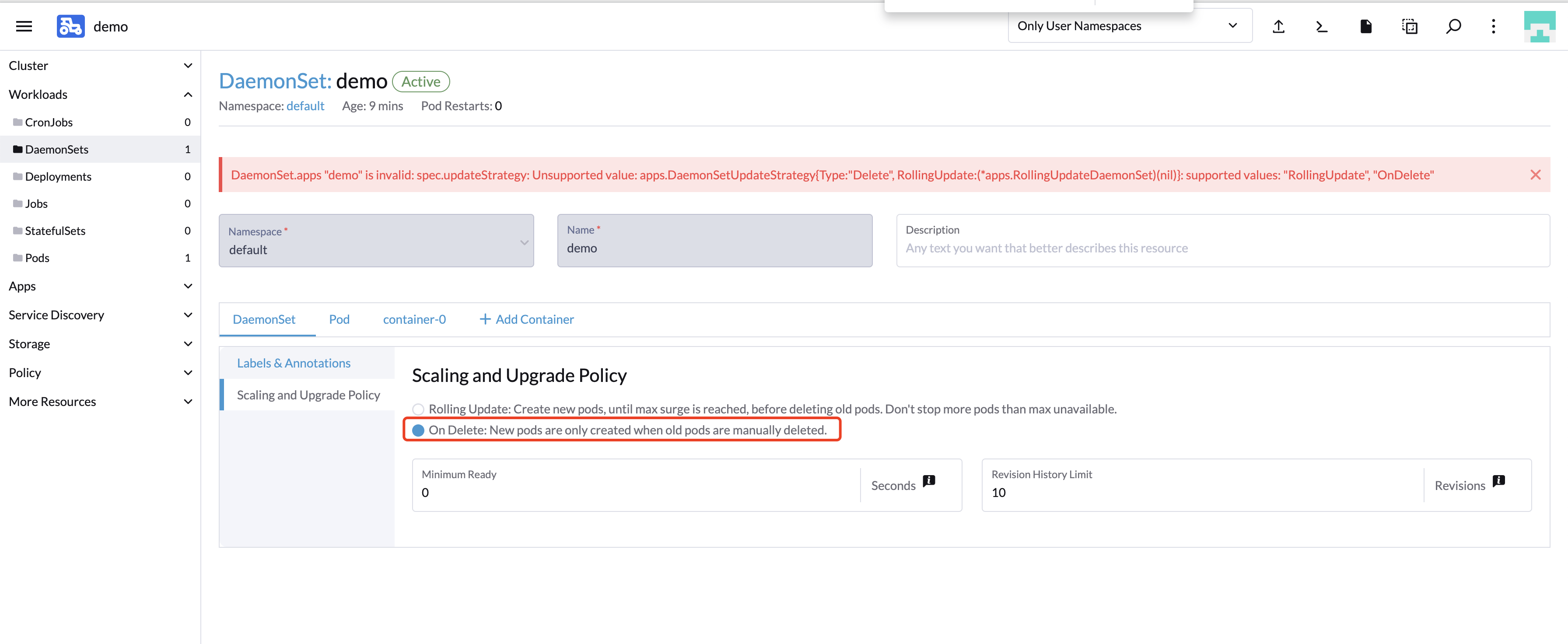 An Error Occurred When Daemonset Modified Scaling And Upgrade Policy · Issue 9874 · Rancher