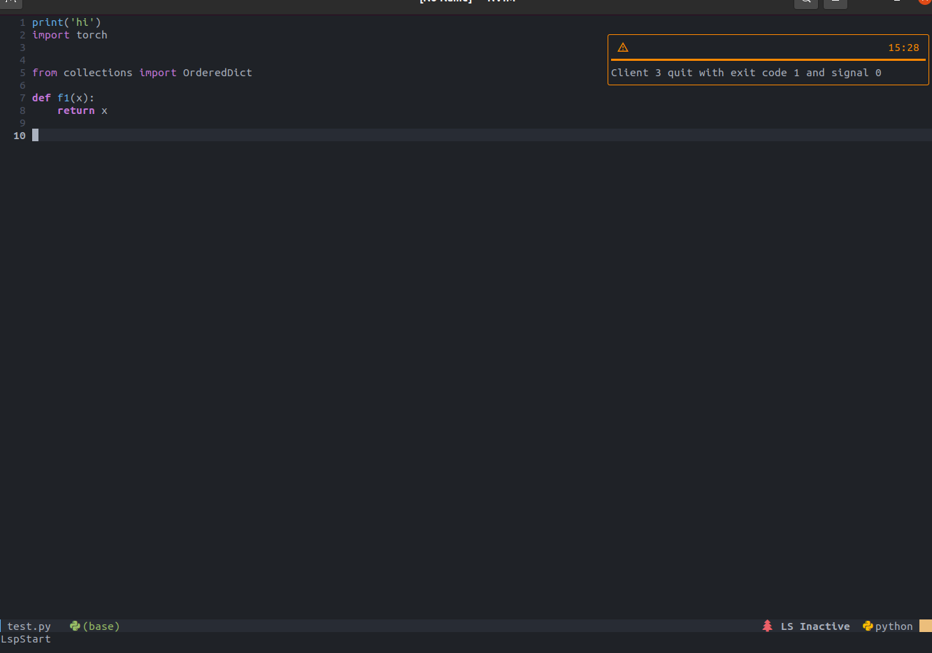 Python LS Inactive; when I try :LspStart I get "Client 1 quit with exit code 1 and signal 0 ...