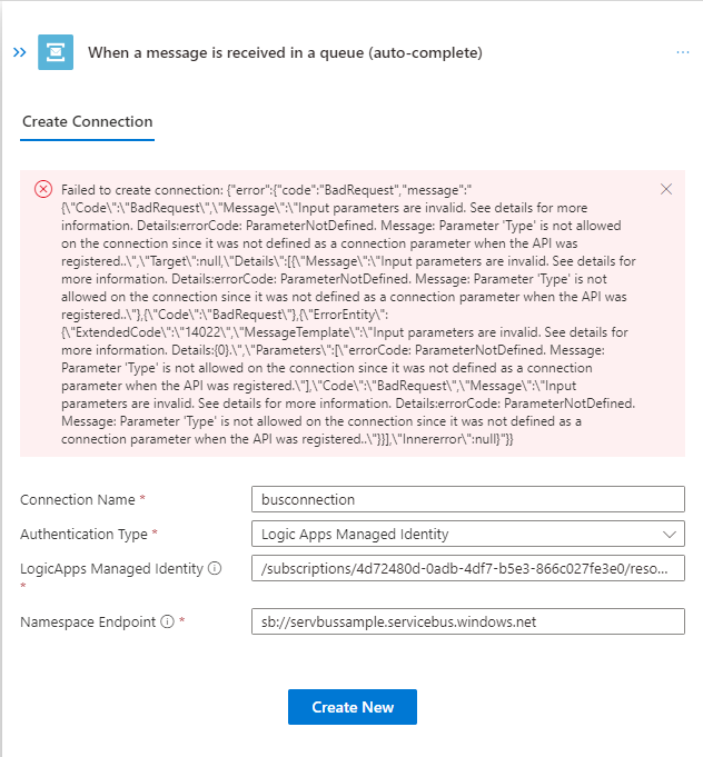 Strange Error message when creating a service bus connection on the new designer preview · Issue ...