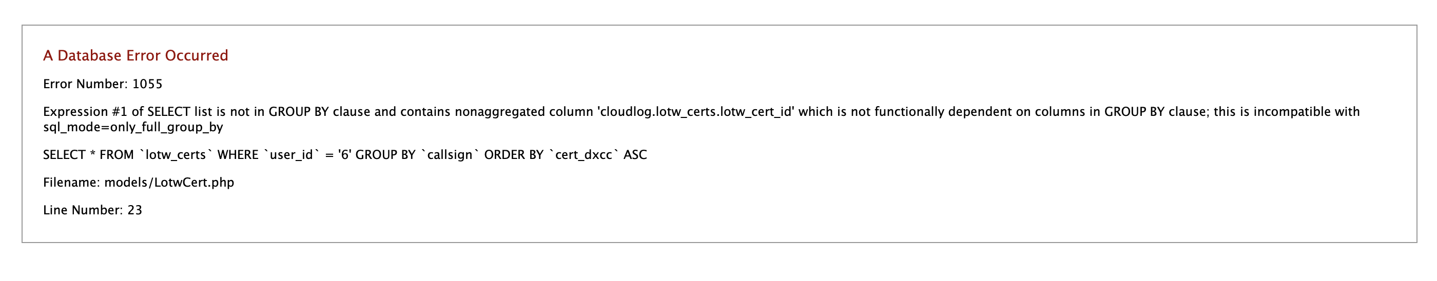 Error when clicking on LOTW export · Issue #600 · magicbug/Cloudlog · GitHub