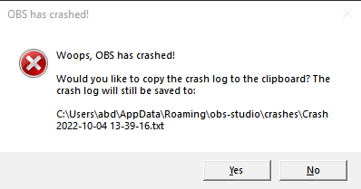 OBS craches on Windows 10 and not re-installing Nvidia drivers didn't resoved the crach issue ...