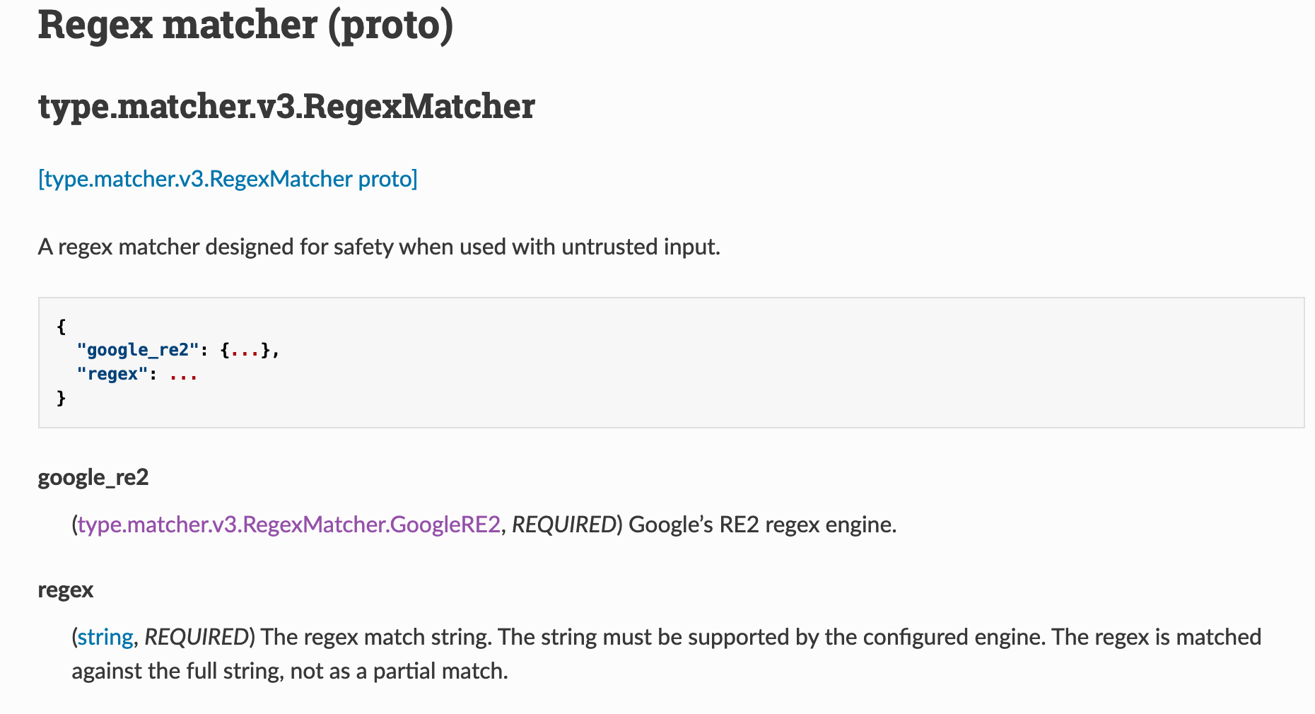 `google_re2` for type `type.matcher.v3.RegexMatcher` is marked as required in doc and isn't ...