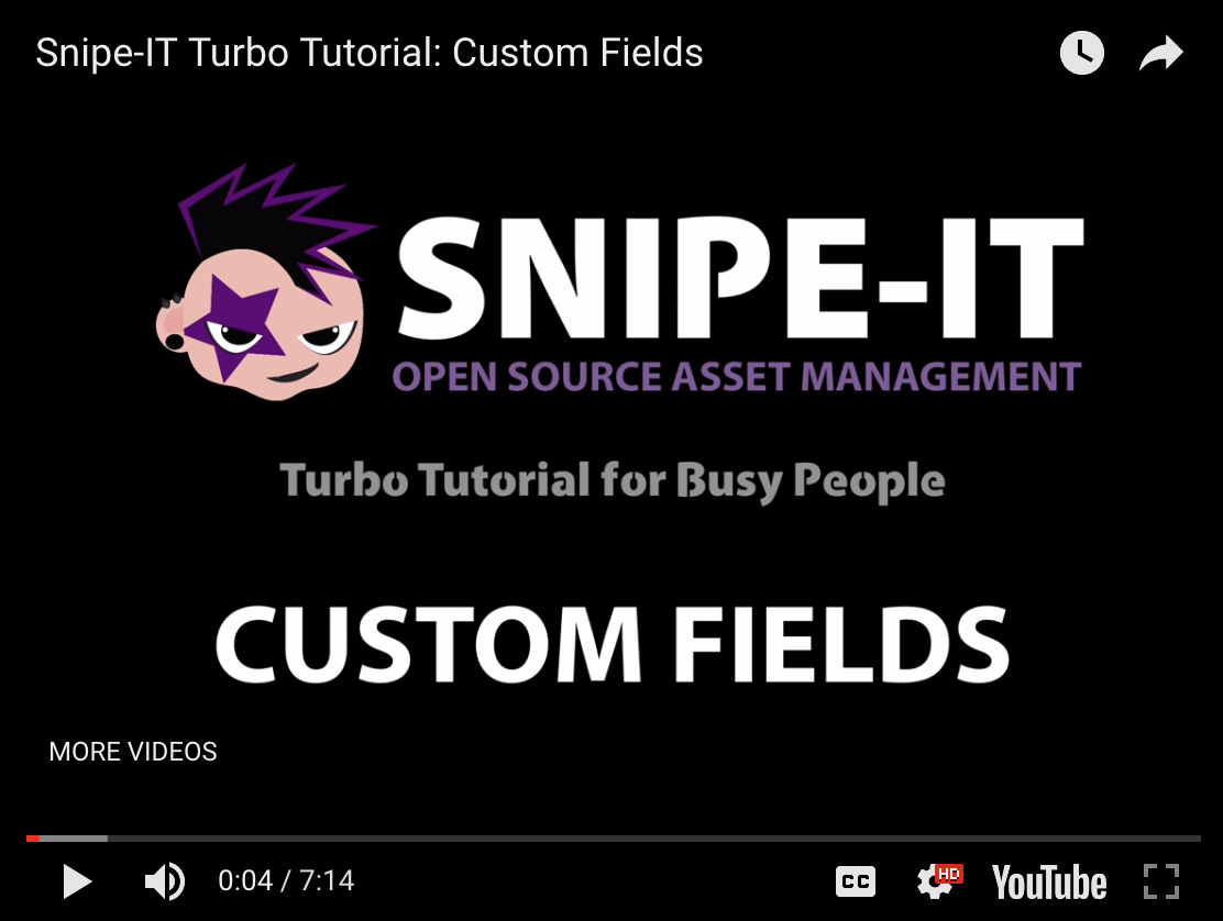 Check out our first video tutorial: Custom Fields · Issue #6103 · snipe/snipe-it · GitHub