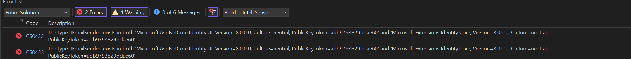 IEmailSender exists in both 'Microsoft.AspNetCore.Identity.UI' and 'Microsoft.Extensions ...