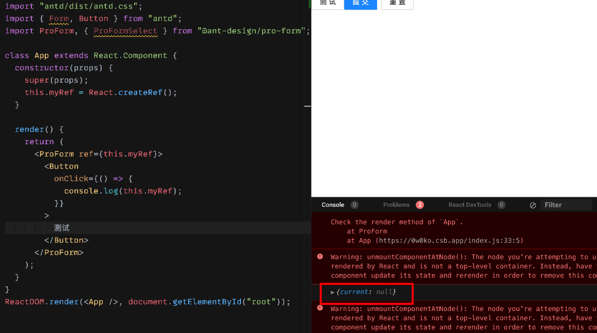 🐛[BUG] ProForm class组件使用formRef 拿到的是 {current: null} · Issue #2121 · ant-design/pro-components ...
