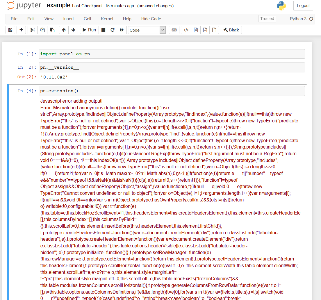 Javascript error running pn.extension in notebook · Issue #1835 · holoviz/panel · GitHub