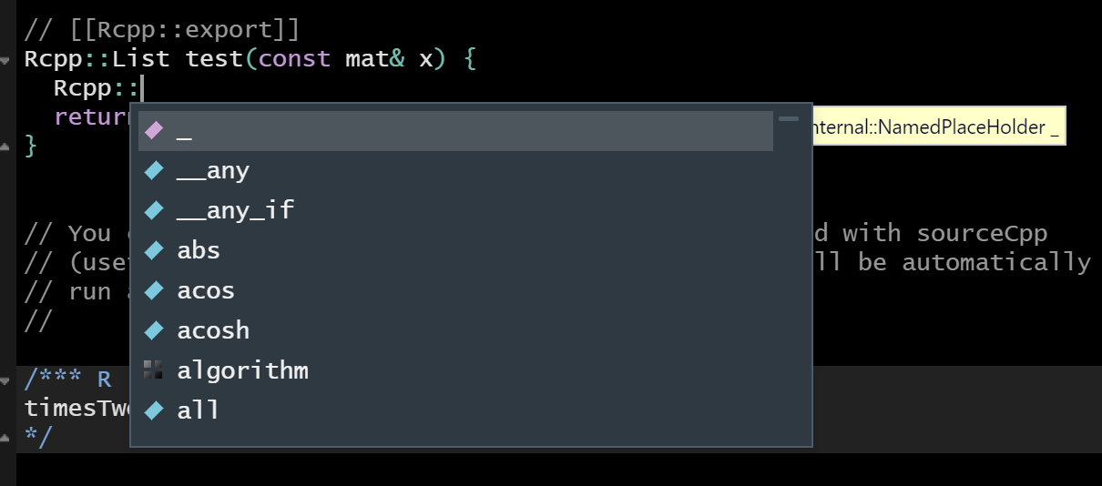 Rcpp No Matching Function Diagnostics And Autocompletion Issues