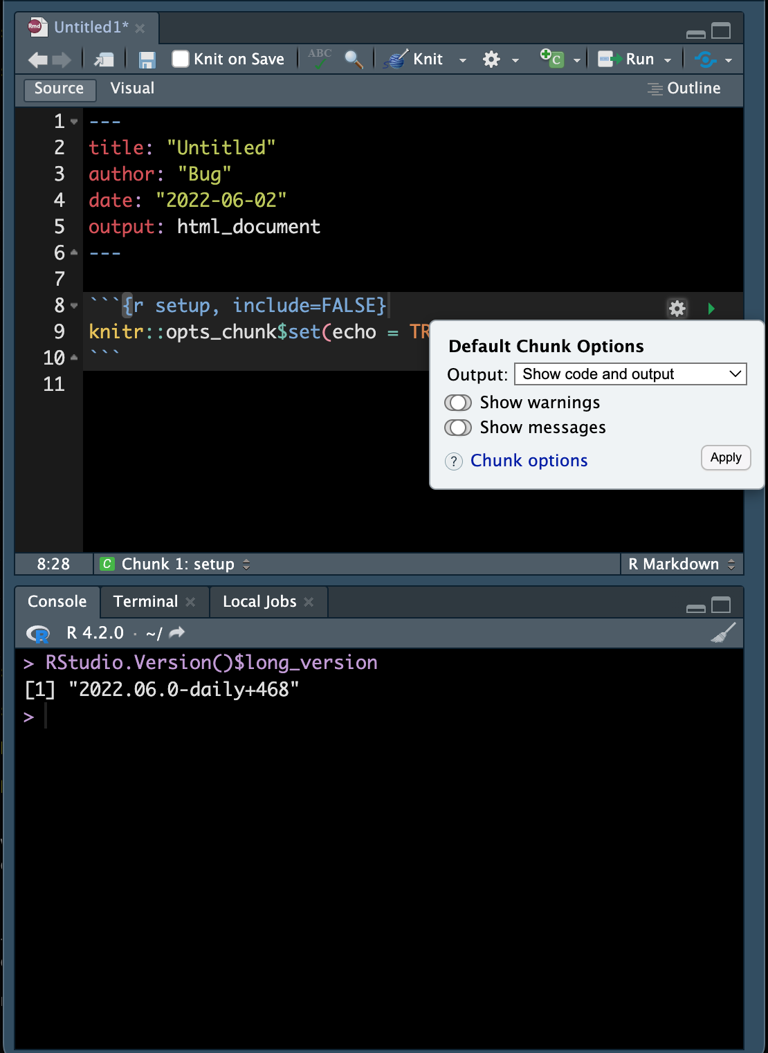 R error when clicking gear icon in setup chunk toolbar · Issue #11303 · rstudio/rstudio · GitHub