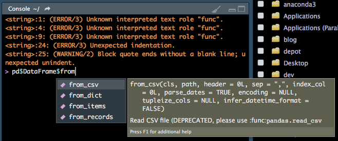 help handler emits Python warnings for 'pandas.DataFrame.from_csv ...