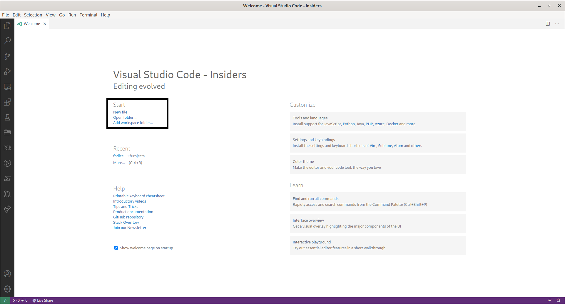 Unable to click the links under "Start" on the Welcome screen. · Issue ...