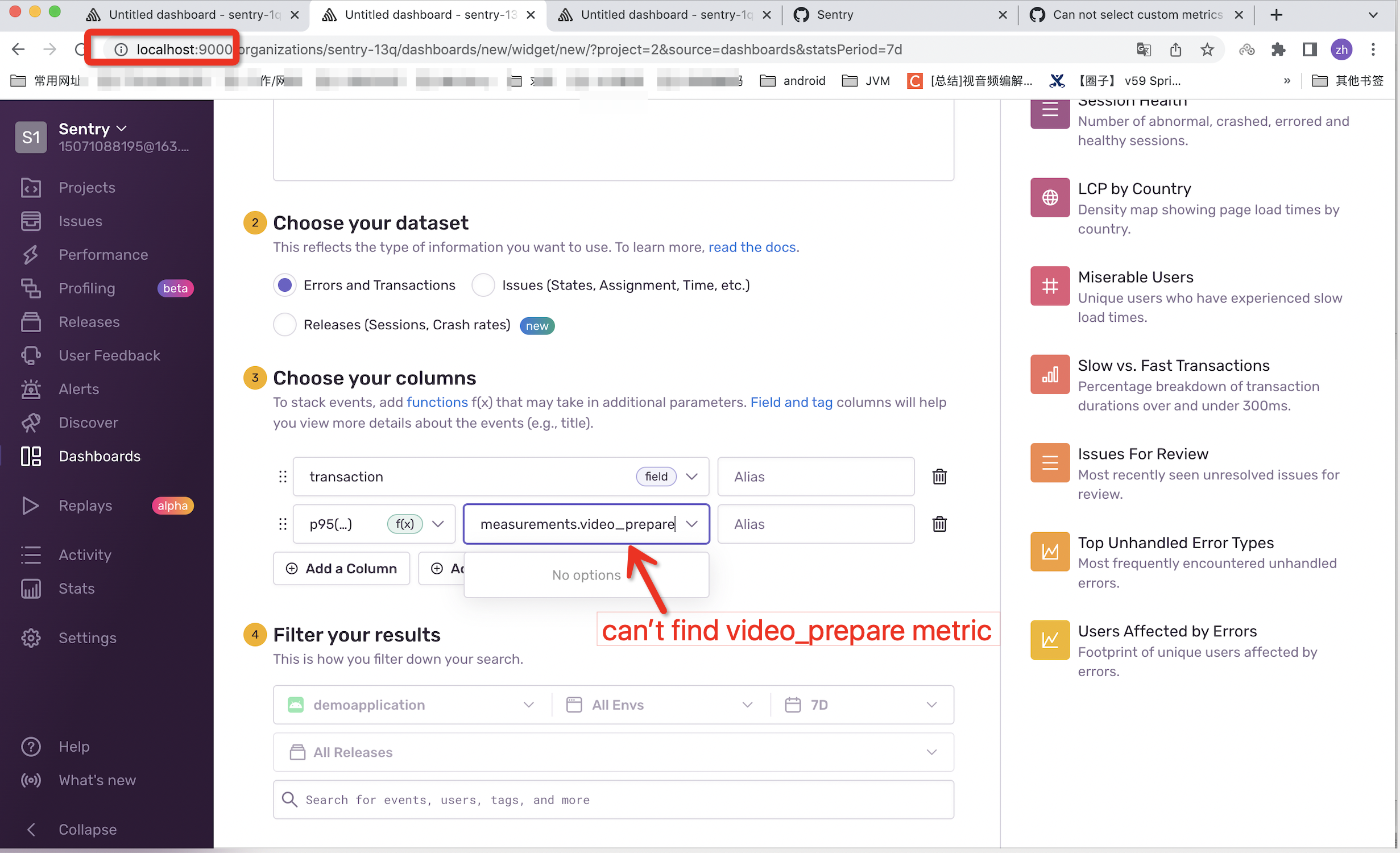 Can not select custom metrics as aggregate args · Issue #1769 · getsentry/self-hosted · GitHub
